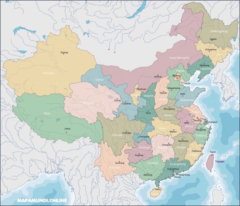 ⊛ Mapa de China ·🥇 Político & Físico Imprimir | Colorear | Grandes